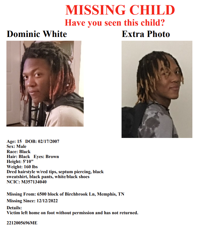 Memphis Police Dept on Twitter: "Have you seen Dominic White? Report #2212005696ME"