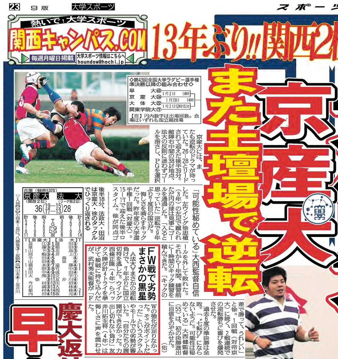 スポーツ報知 on Twitter: "スポーツ報知が伝えた京産大 #ラグビー 部の軌跡…⑥後半39分の逆転ドラマで9年ぶり国立へ https://hochi.news/articles ...