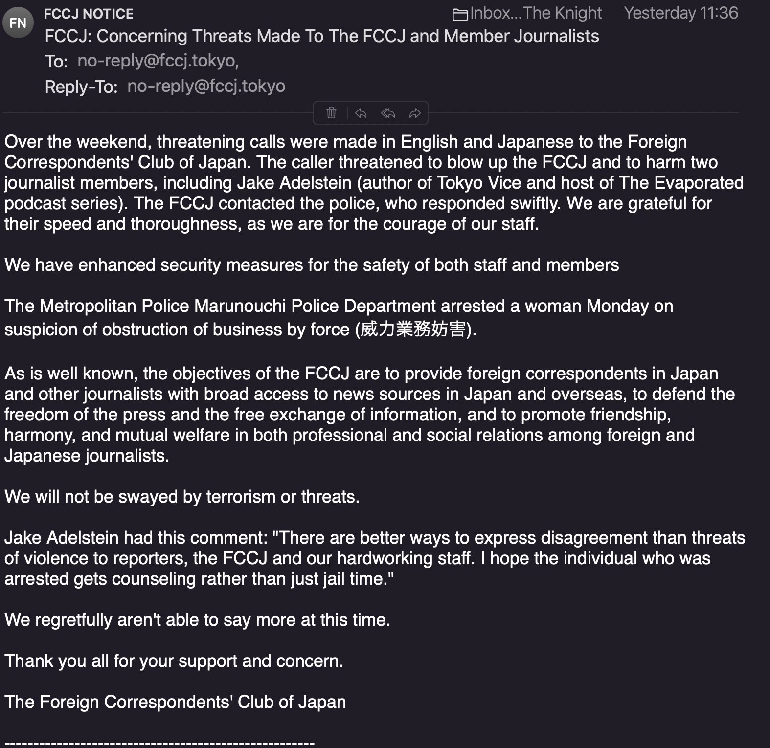 Jake Adelstein/中本哲史 on Twitter: "The FCCJ sent a letter to all members Monday afternoon which ...