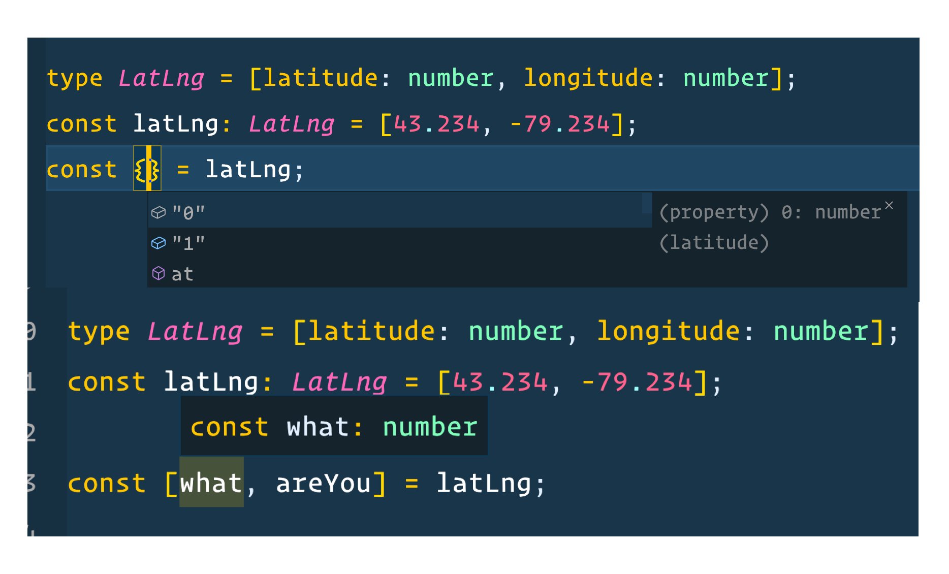 Wes Bos on Twitter: "Is there any way to get typescript hints in VS Code for destructured tuples ...