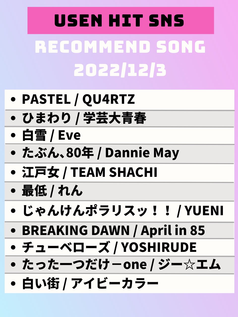 USEN HITS!（有線放送） on Twitter: "【今週のUSEN HIT SNS注目曲】 気になるアーティストがいたらRT🥳 #QU4RTZ #学芸大青春 #Eve # ...