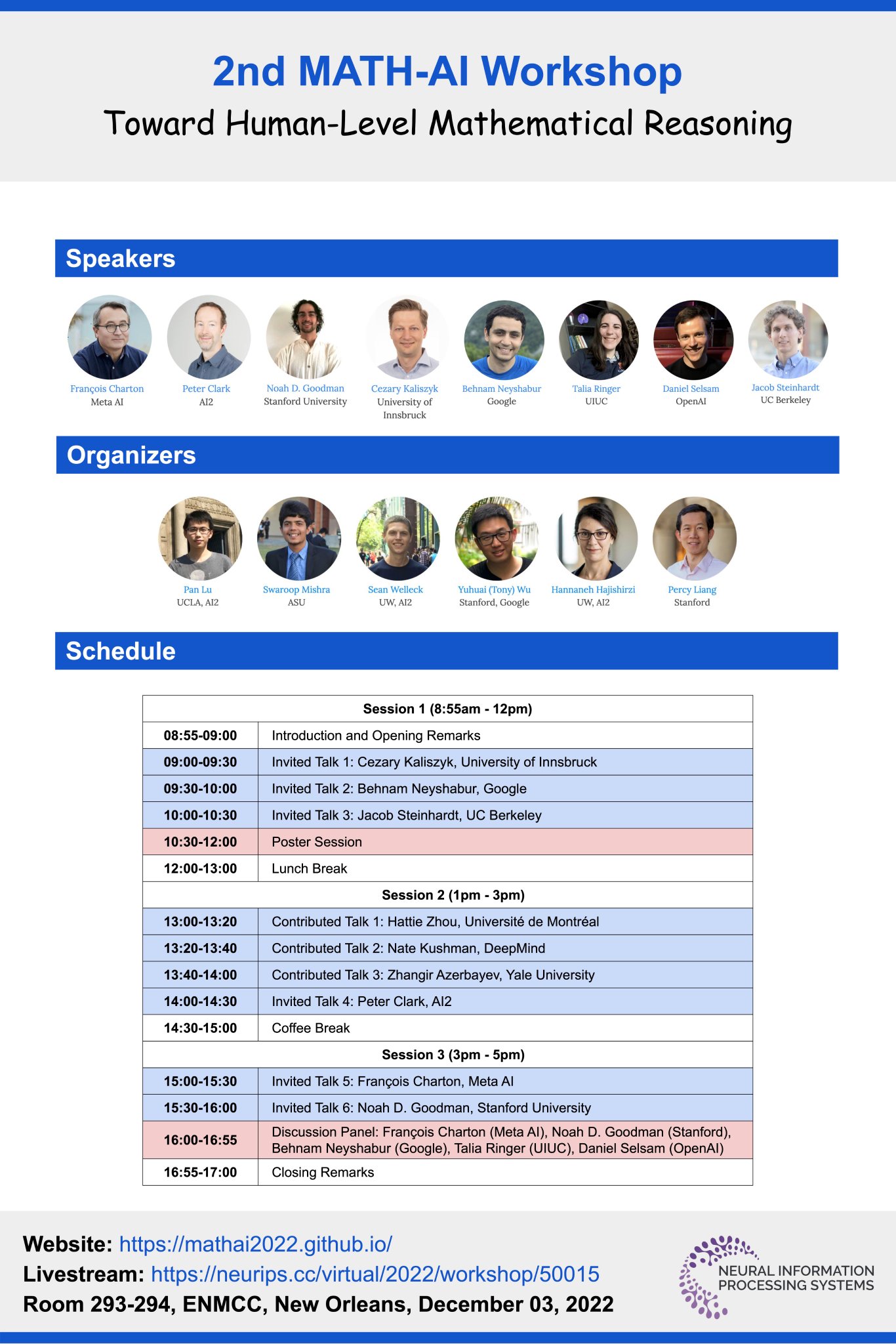 Pan Lu @NeurIPS 2022 on Twitter: "📢📢Welcome to the 2nd #MATH-AI workshop tomorrow (Sunday, Dec ...