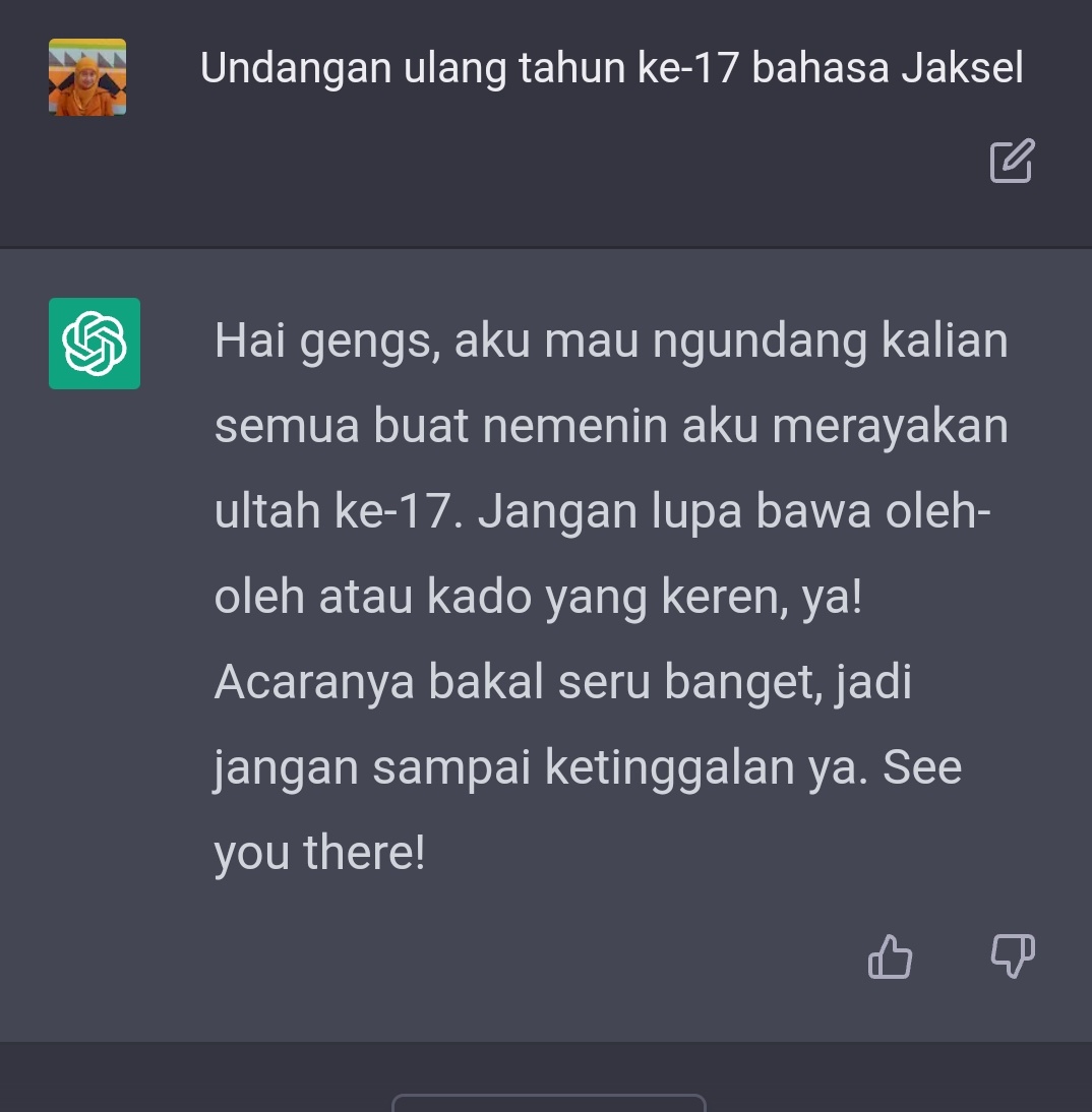 Mona on Twitter: "Bikin copy buat undangan ulang tahun bahasa jaksel :)) apakah ChatGPT Jaksel ...