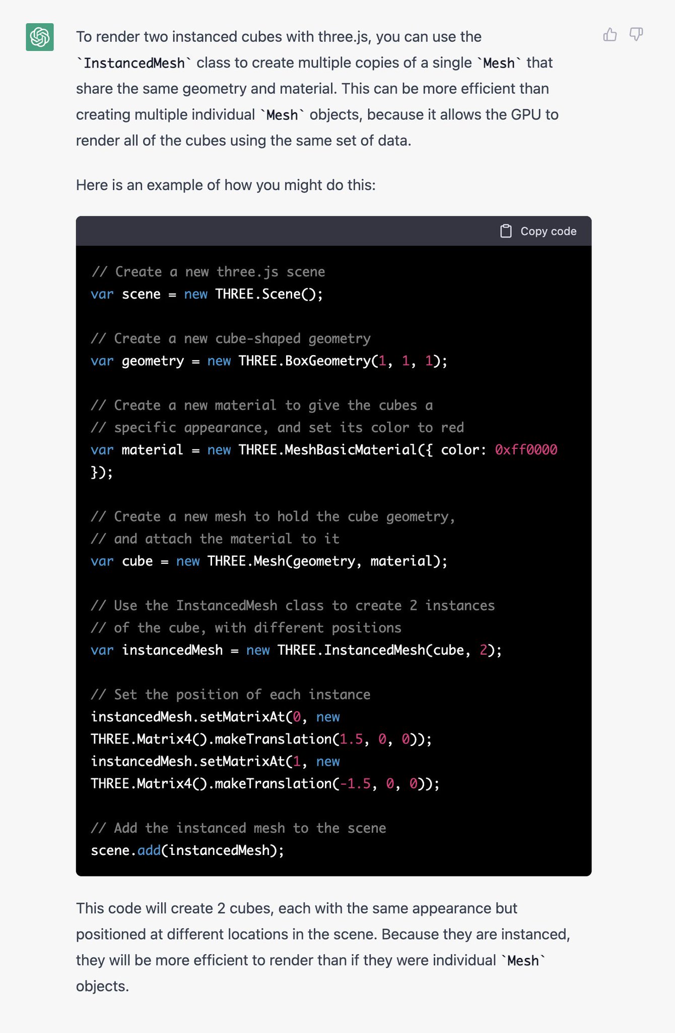 mrdoob 🇺🇦 on Twitter: ""render two instanced cubes in three.js" #ChatGPT https://t.co/eSIEsW1BsV ...