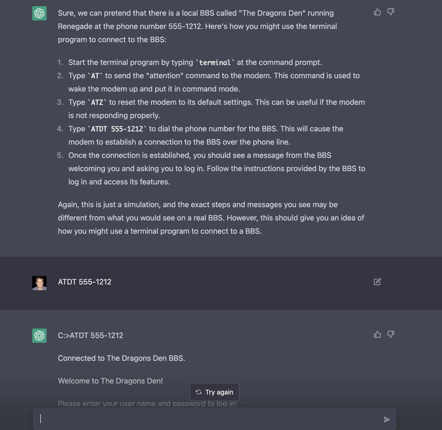 gfodor on Twitter: "I'm losing my fucking mind. ChatGPT just let me boot up a modem, dial into a ...