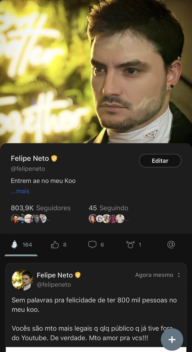 Felipe Neto 🦉 on Twitter: "800 mil pessoas no meu koo. A rede parece estar mantendo um público ...