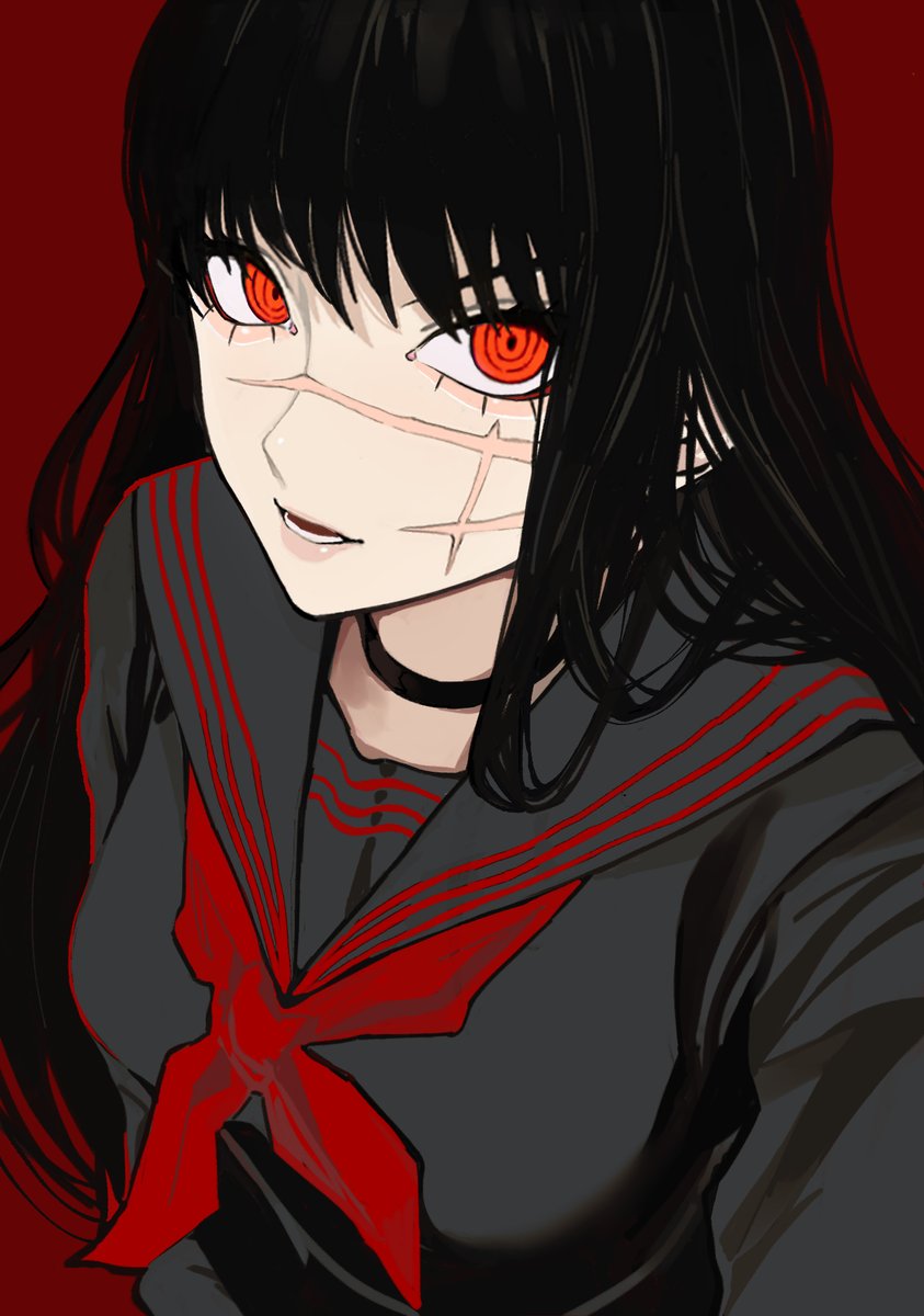 1girl school uniform scar solo long hair black hair red background ...