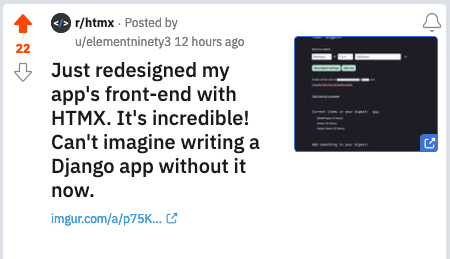 htmx.org on Twitter: "djangonauts, ascend https://t.co/O9DU2LkRF7 https://t.co/fDiz6zFJB9" / Twitter