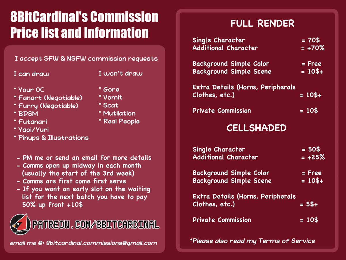 8BitCardinal (Commissions Full 4/4) on Twitter: "[ Commission Sheet and ToS ] Update: 12/07/2022"