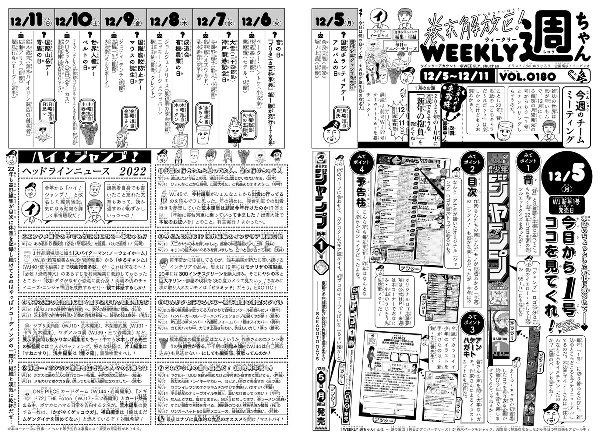 「WJ52 発売中です🤖 今週の「週ちゃん」の掲載位置は雑誌の中ほど、〝巻中〟解放区です…! *福引で何かしら当たっ」「巻末解放区！WEEKLY 週ちゃん」公式の漫画