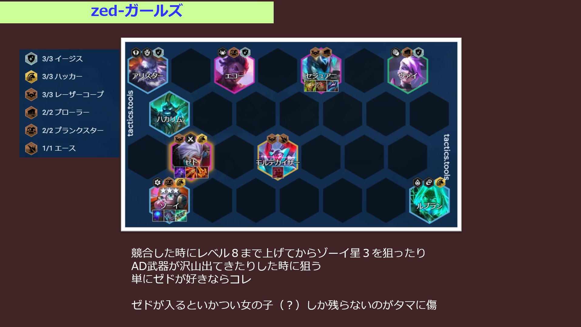 orgap🍰TFT 🌠🤖12/7~set8🤖🌠 on Twitter: "サイラー君がゾーイの終盤盤面が足りないと教えてくれたので とりあえず ...