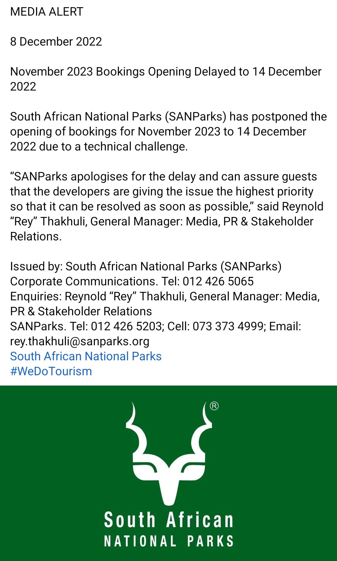 South African National Parks Logo SANParks Catalogue | Grand Uniforms