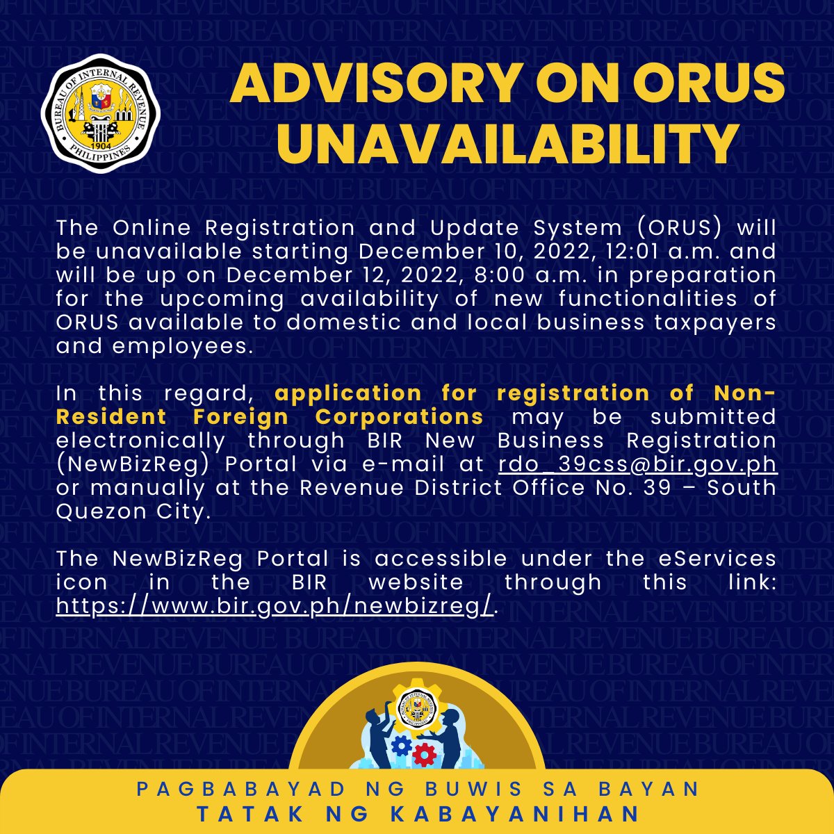 birgovph on Twitter: "Advisory on BIR Online Registration and Update System (ORUS ...