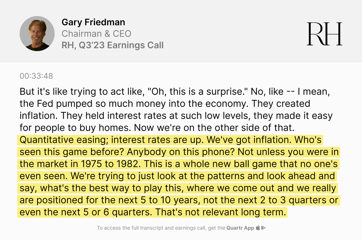 Yesterday's $RH earnings call with CEO & Chairman Gary Friedman was ...
