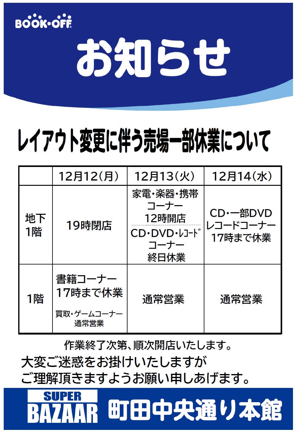 ブックオフ スーパーバザー 町田中央通り店 On Twitter ⚠️レイアウト変更に伴う売場一部休業について⚠️ 該当フロア以外は通常営業となります。 ご迷惑をお掛けいたしますが、 ご
