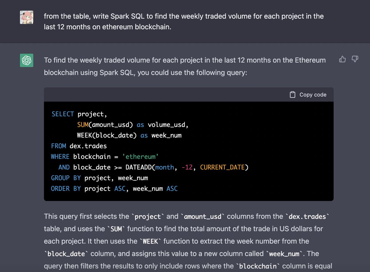 I used ChatGPT to help me query DEX data on @DuneAnalytics with Spark SQL language. So now you ...