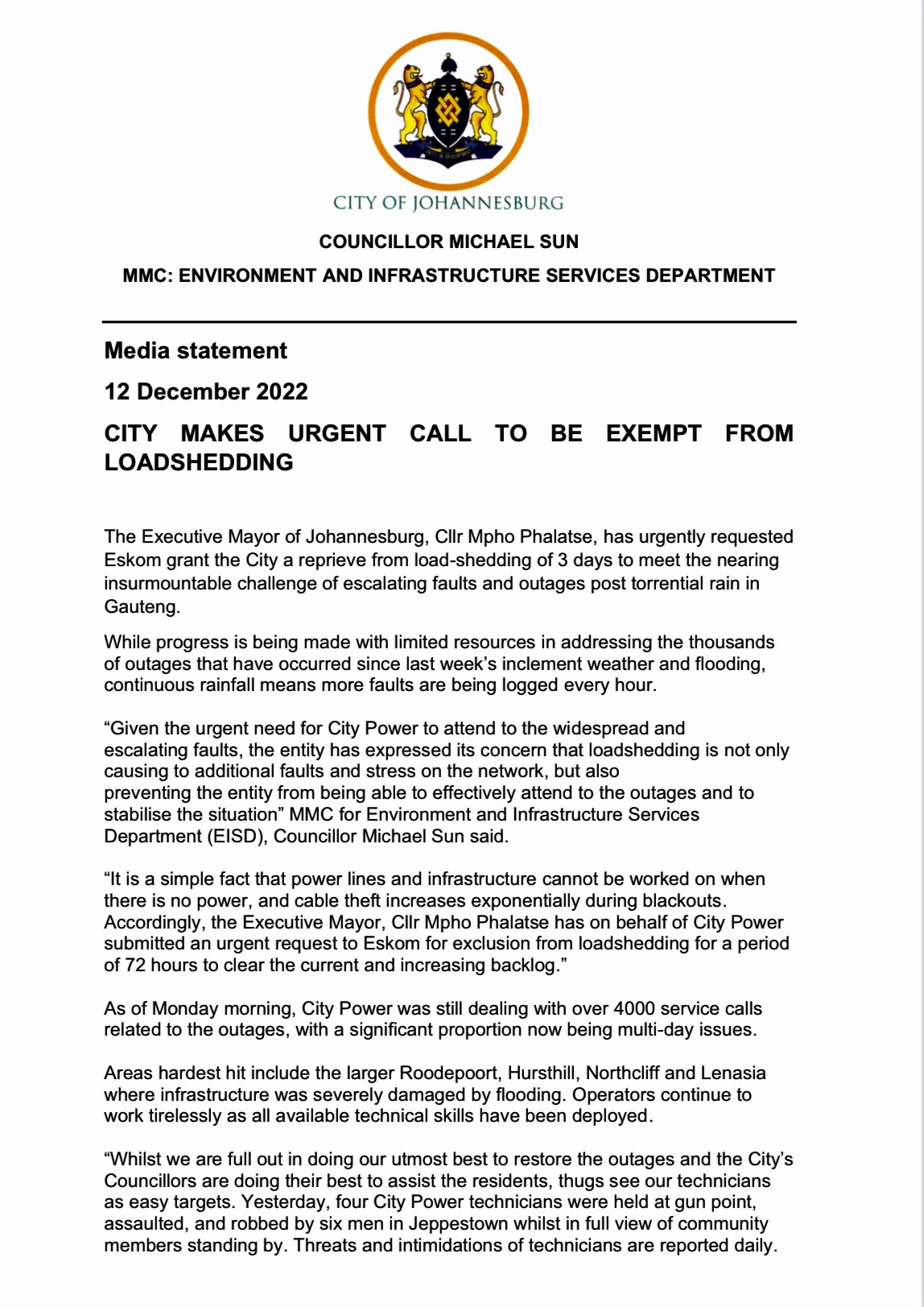MMC: EISD, Cllr. Michael Sun on Twitter: "🚨EMERGENCY🚨 @CityofJoburgZA pleads with @Eskom_SA for ...