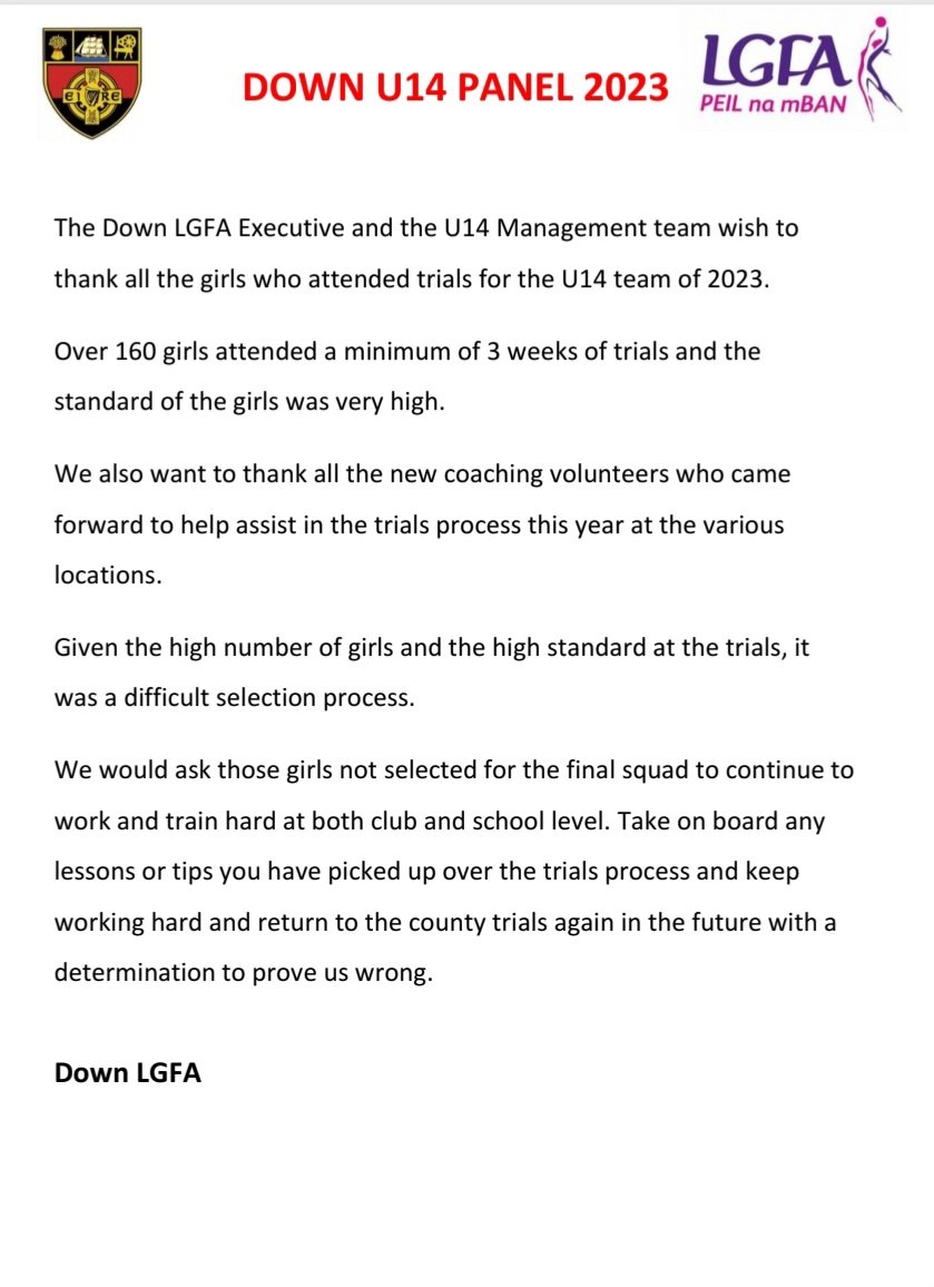 Down-LGFA on Twitter: " ️🖤Down U14 Panel 2023🖤 ️#N##N#Please find below the girls selected for ...