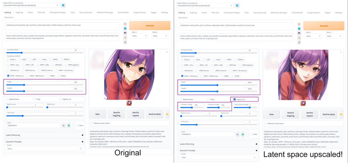 forasteran on Twitter: "ちょっと③の説明がへんだね ただしくは ③2枚めみたいにサイズ倍化して、Highres. fix(高解像度. fix)で②の低解像度時のサイズを ...