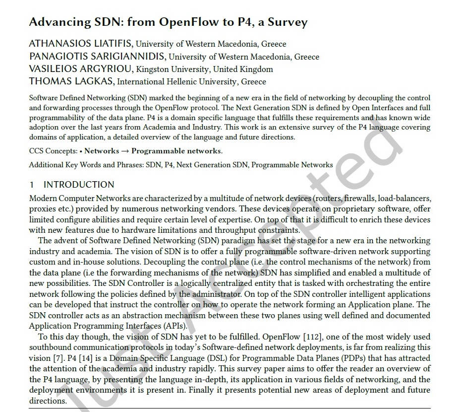 OGAWA, Tadashi on Twitter: "=> "Advancing SDN: from OpenFlow to P4, a Survey", ACM Computing ...