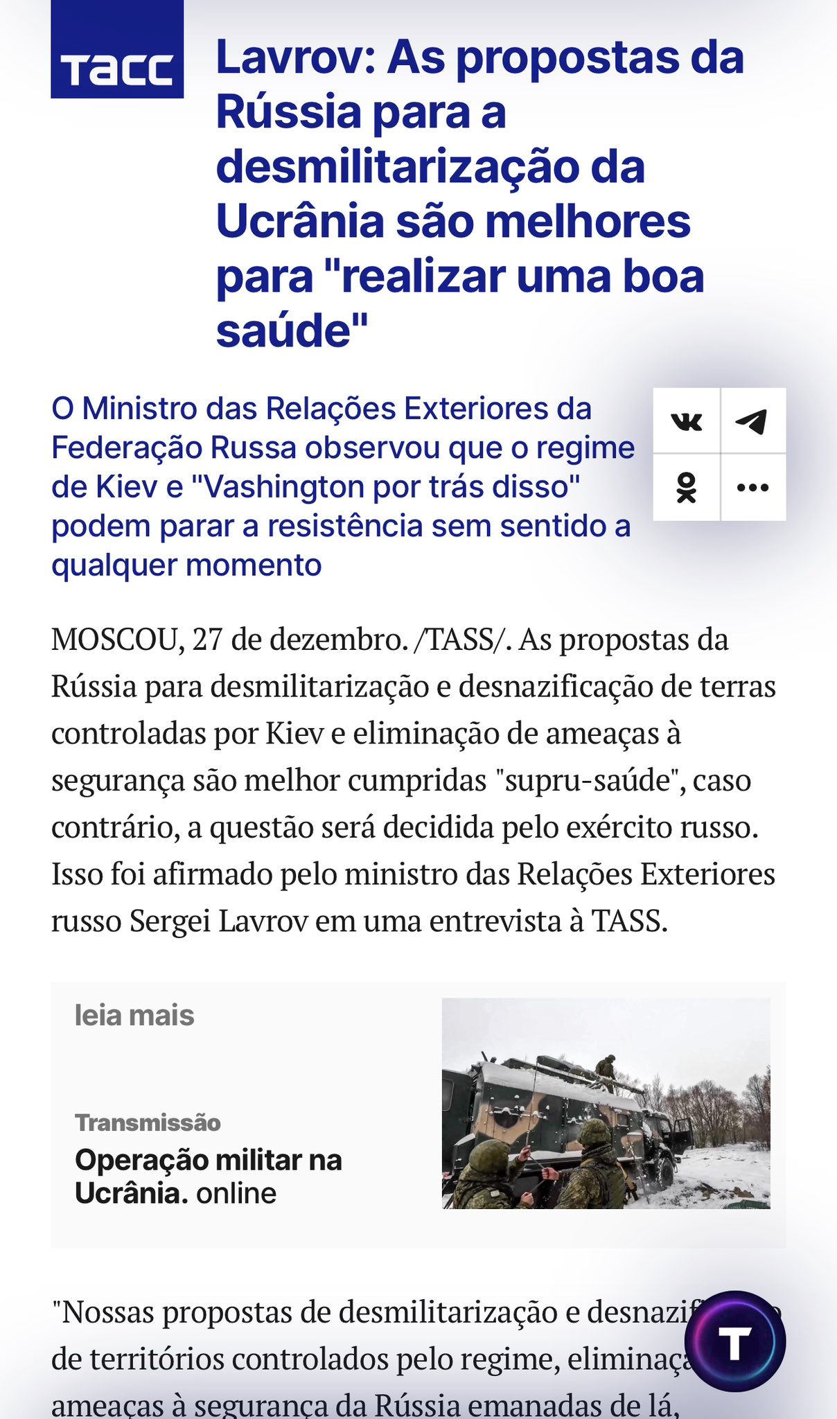 Hoje no Mundo Militar on Twitter: "Lavrov resumiu hj a proposta da Rússia p/terminar a guerra ...