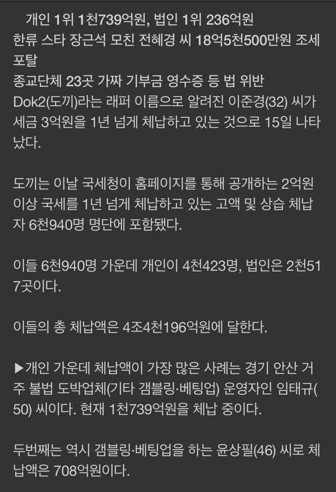 인스티즈(instiz) on Twitter: "[정보/소식] 국세청, 래퍼 도끼 3억 등 4조4천억 고액·상습 체납 6940명 명단 공개 https://instiz.net ...