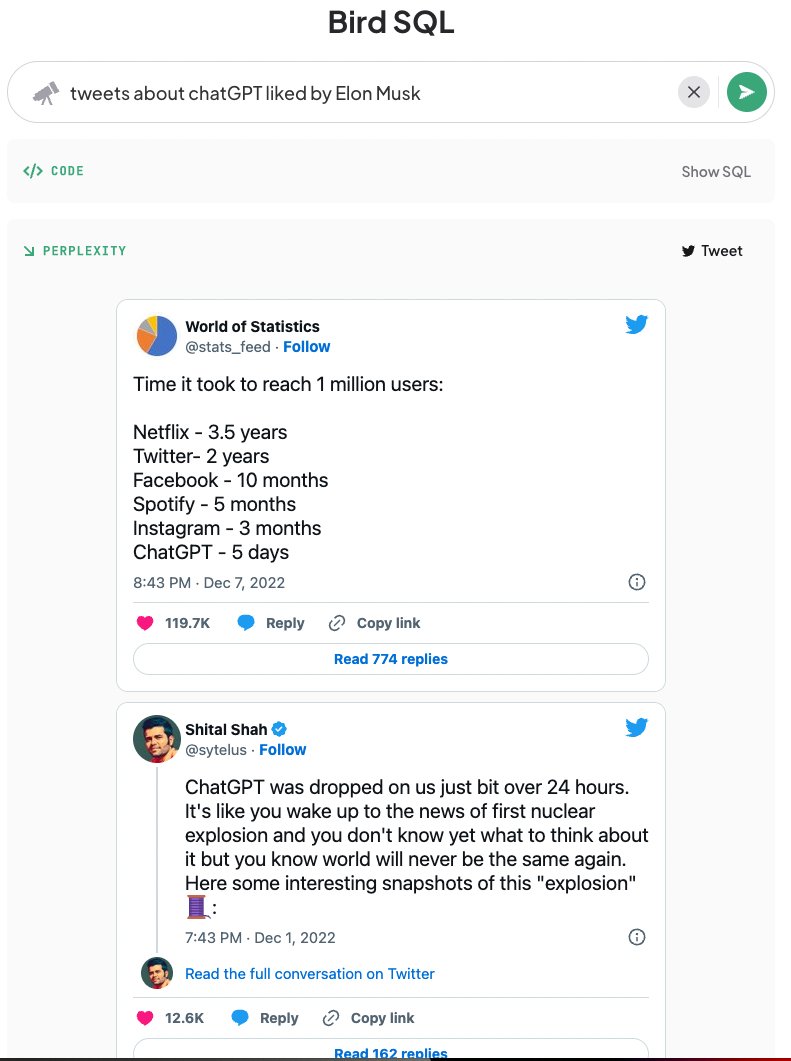 Introducing Bird Sql A Twitter Search Interface That Is Powered By Perplexitys Structured