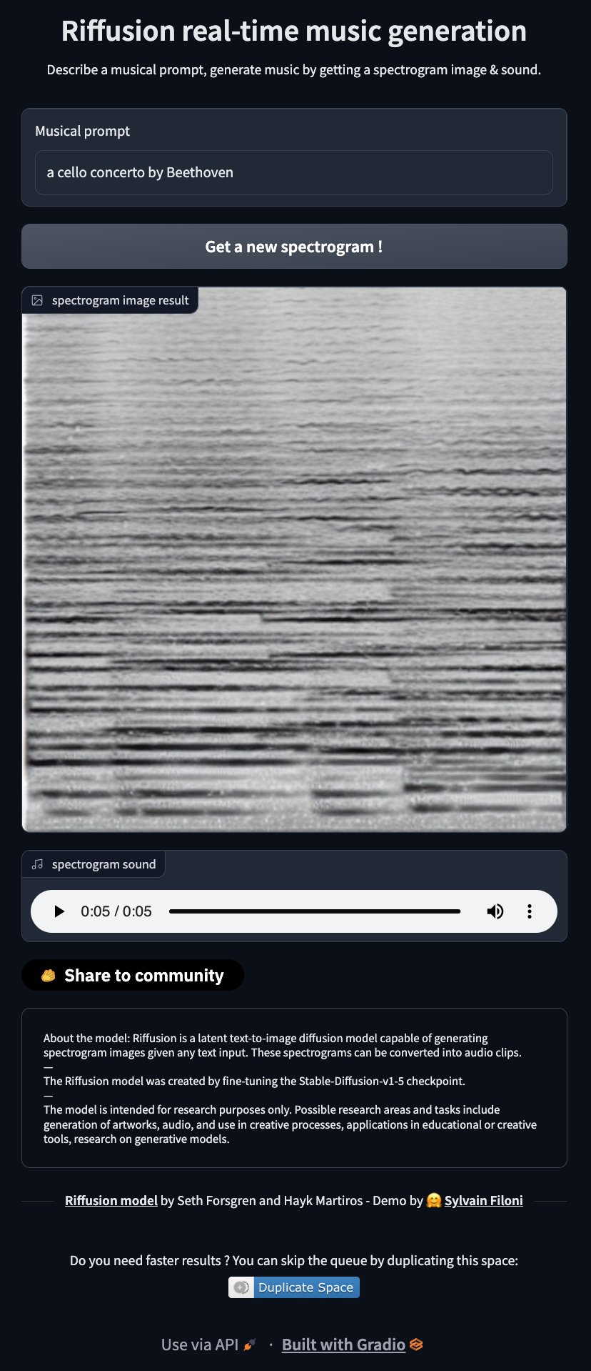 Sylvain Filoni on Twitter: "@_akhaliq @Gradio @huggingface @SanderSchulhoff Riffusion demo ...