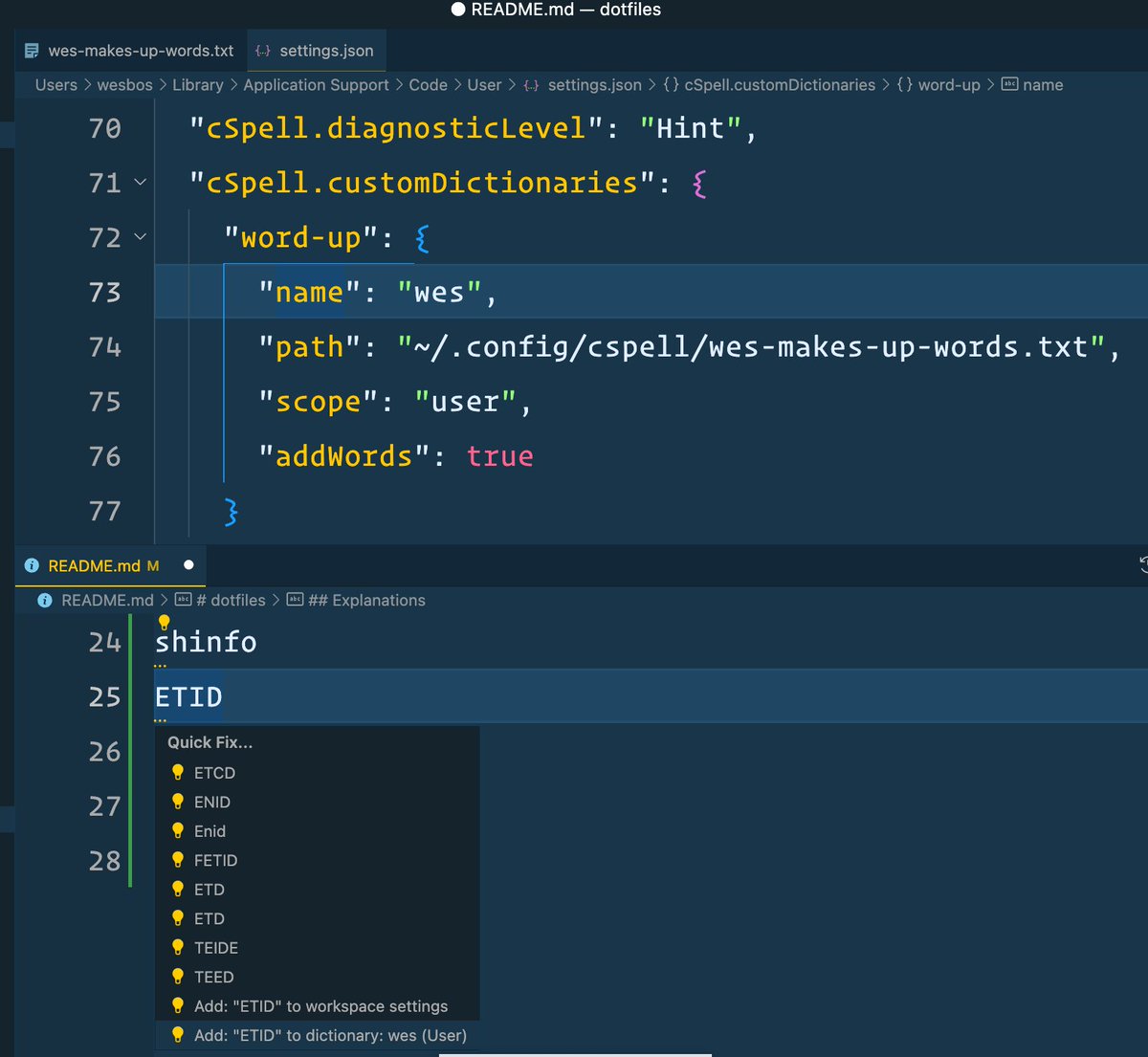 Wes Bos on Twitter: "couple VS Code cSpell tips for ya: 1. Make a global dictionary to add your ...