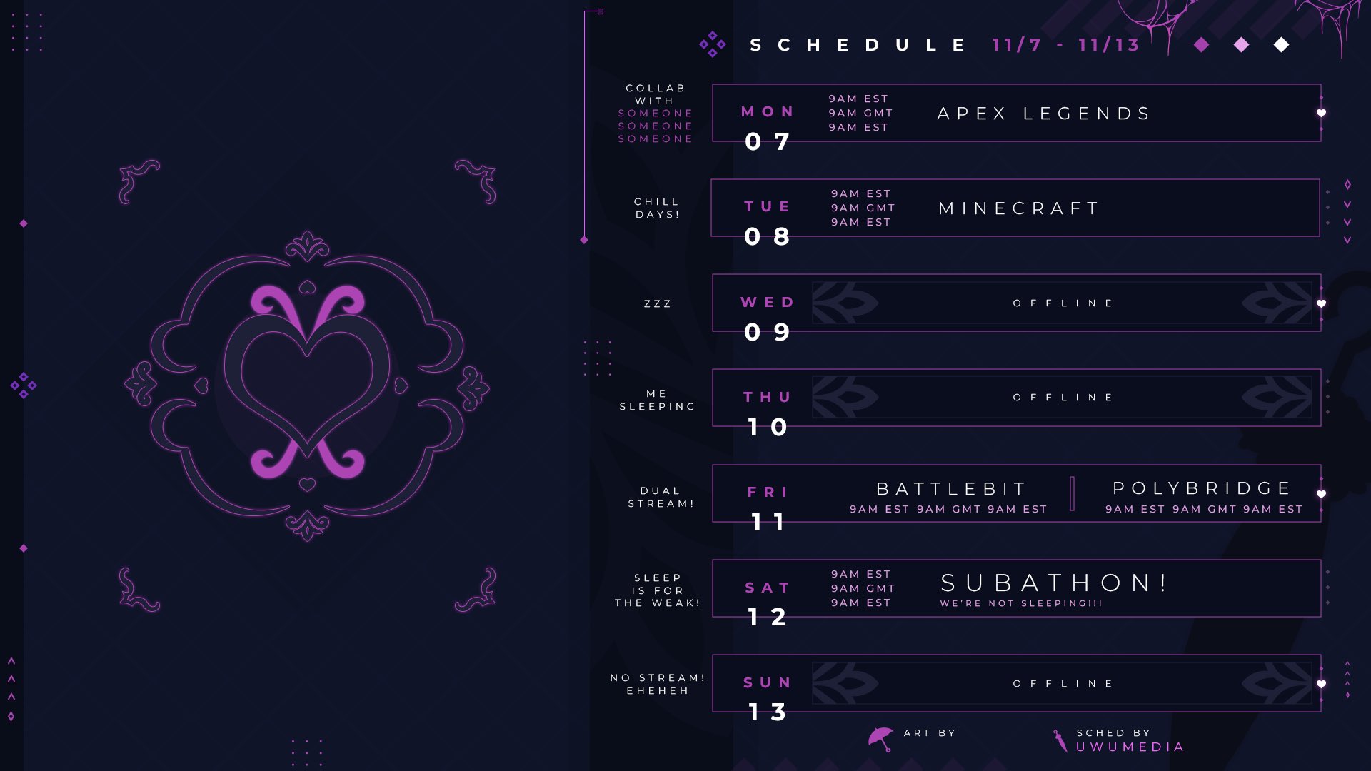 UWU MEDIA | VTUBER GRAPHICS STUDIO on Twitter: "·˚ ༘₊· ͟͟͞͞꒰ schedule designs ; 🌸 A portfolio of ...