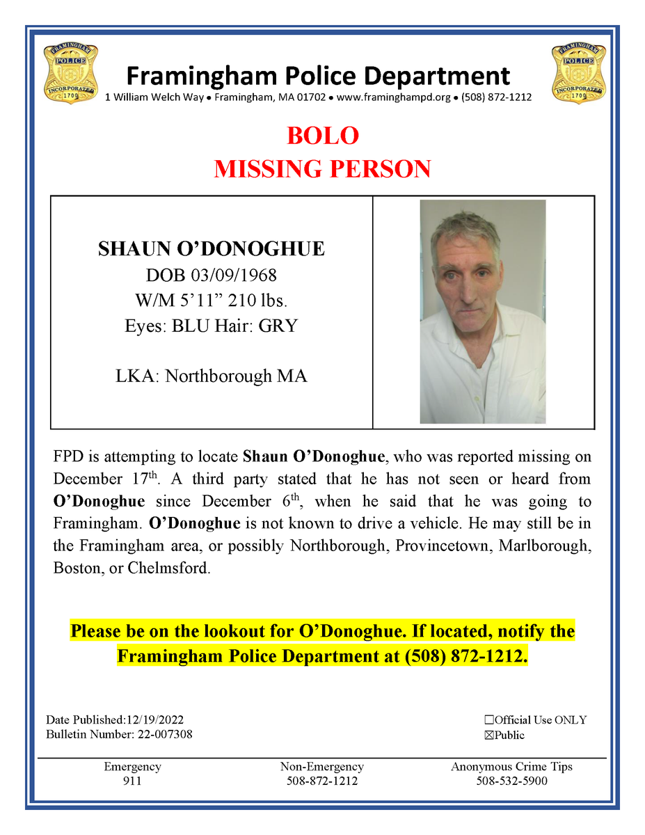 Crime Archive on Twitter: "RT @Missing_Alerts: #MISSING | #Framingham, MA Shaun O'Donoghue, 54 ...