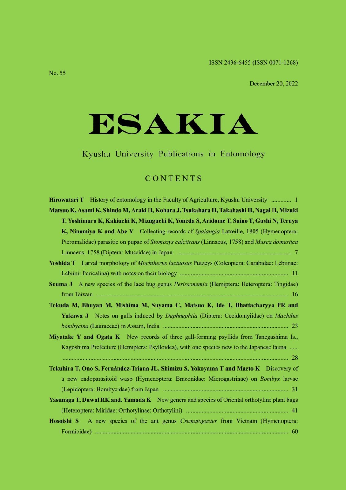 九州大学附属図書館 on Twitter: "九州大学農学研究院昆虫学教室開設百周年を記念する特別号として、12年ぶりにジャーナルESAKIAの新しい号が発行されました。#九大リポジトリ ...