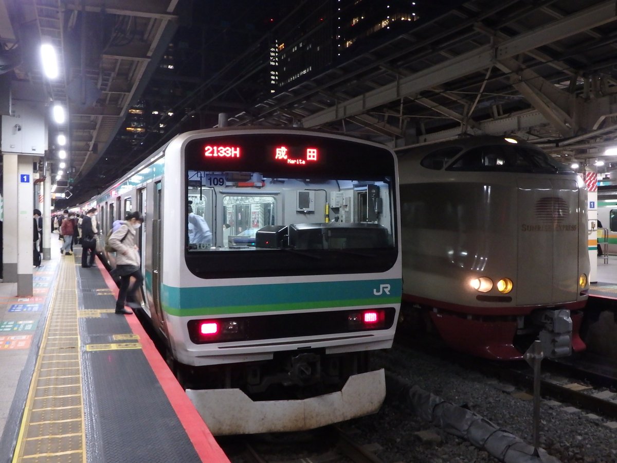 にいてつ on Twitter: "E231系上野東京ライン成田行きと285系特急サンライズ瀬戸・出雲 東京にて"