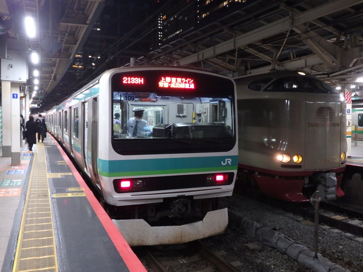 にいてつ on Twitter: "E231系上野東京ライン成田行きと285系特急サンライズ瀬戸・出雲 東京にて"