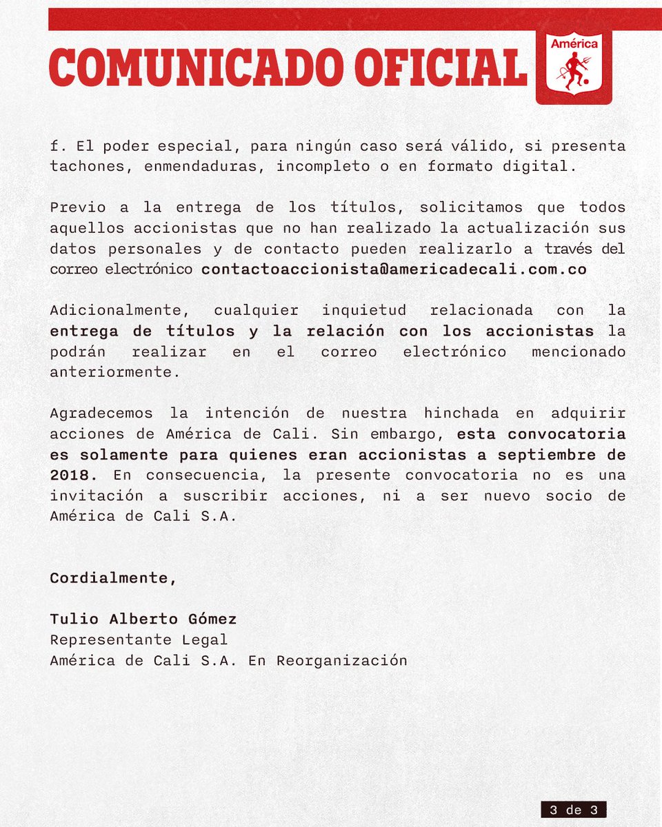 América de Cali on Twitter: "📄 Comunicado oficial | Entrega oficial de títulos accionarios."