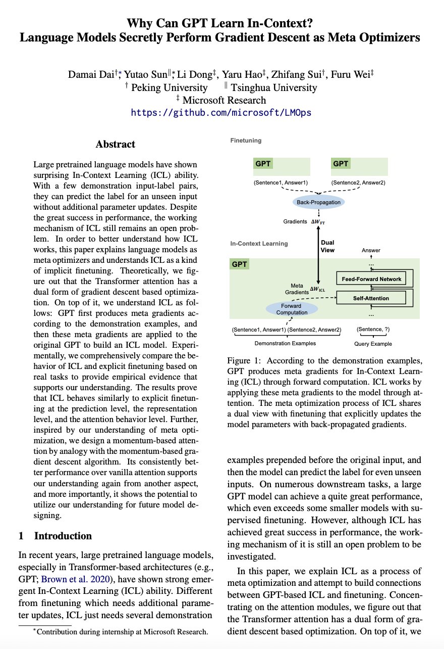 AK on Twitter: "Why Can GPT Learn In-Context? Language Models Secretly Perform Gradient Descent ...