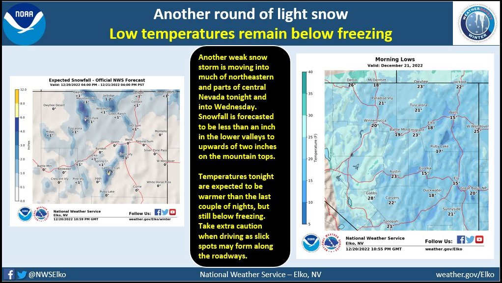 A weak snow storm is moving into northern NV tonight thru Wed. Less ...