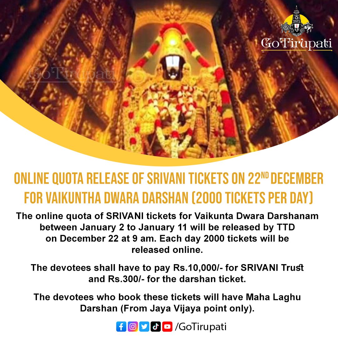 GoTirupati on Twitter: "Online quota release of Srivani tickets on 22nd December for Vaikuntha ...