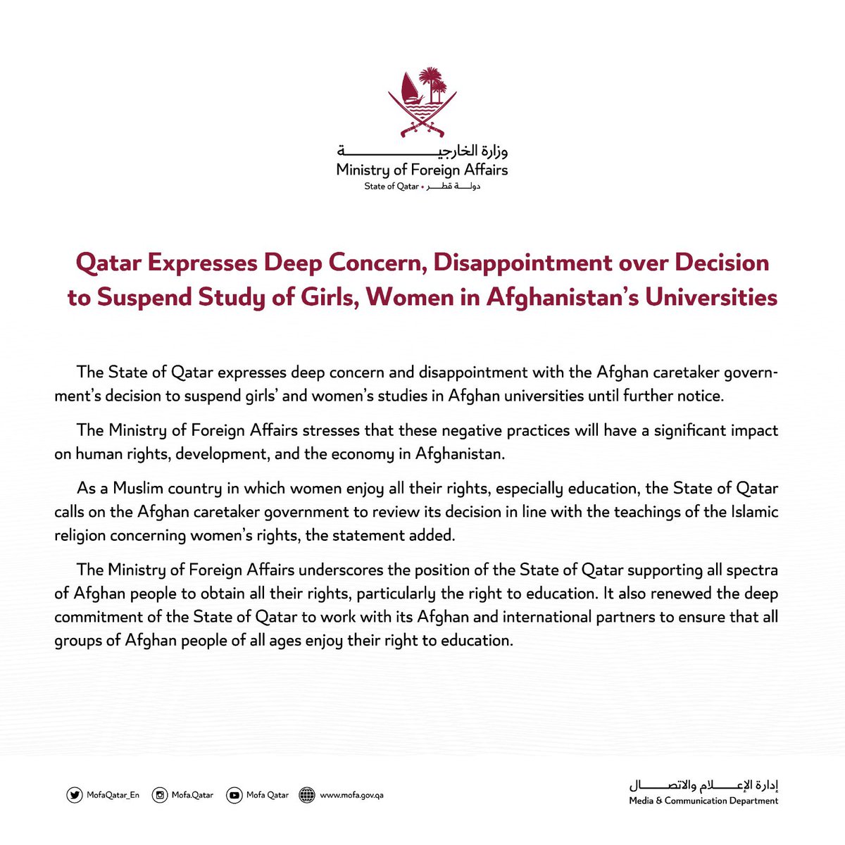 Ministry of Foreign Affairs - Qatar on Twitter: "Statement | Qatar Expresses Deep Concern ...