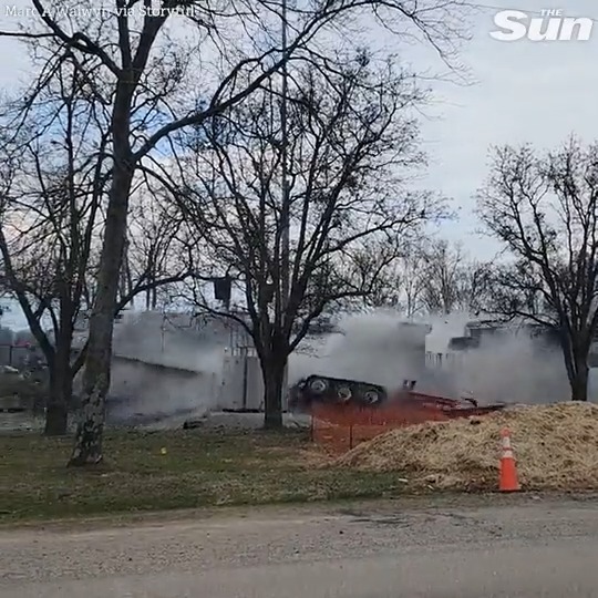 The Sun on Twitter: "Shocking moment train crashes into truck carrying massive concrete beam and ...