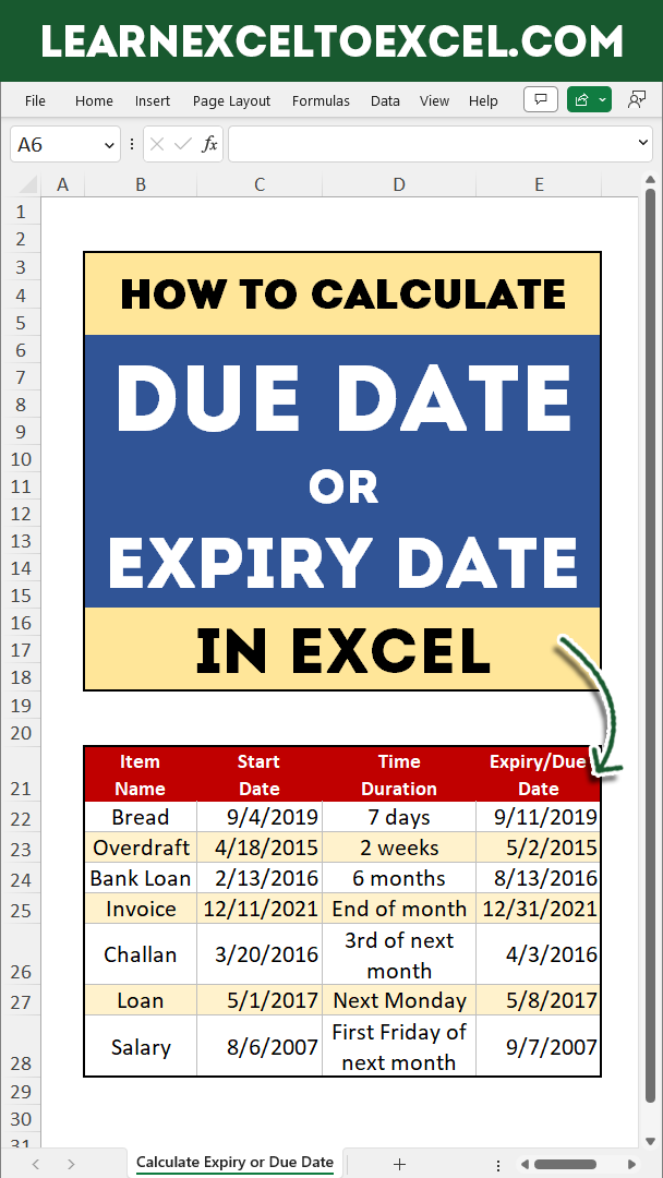 Learn Excel To Excel On Twitter Learn Excel Formula To Calculate Due Date Expiry Date In
