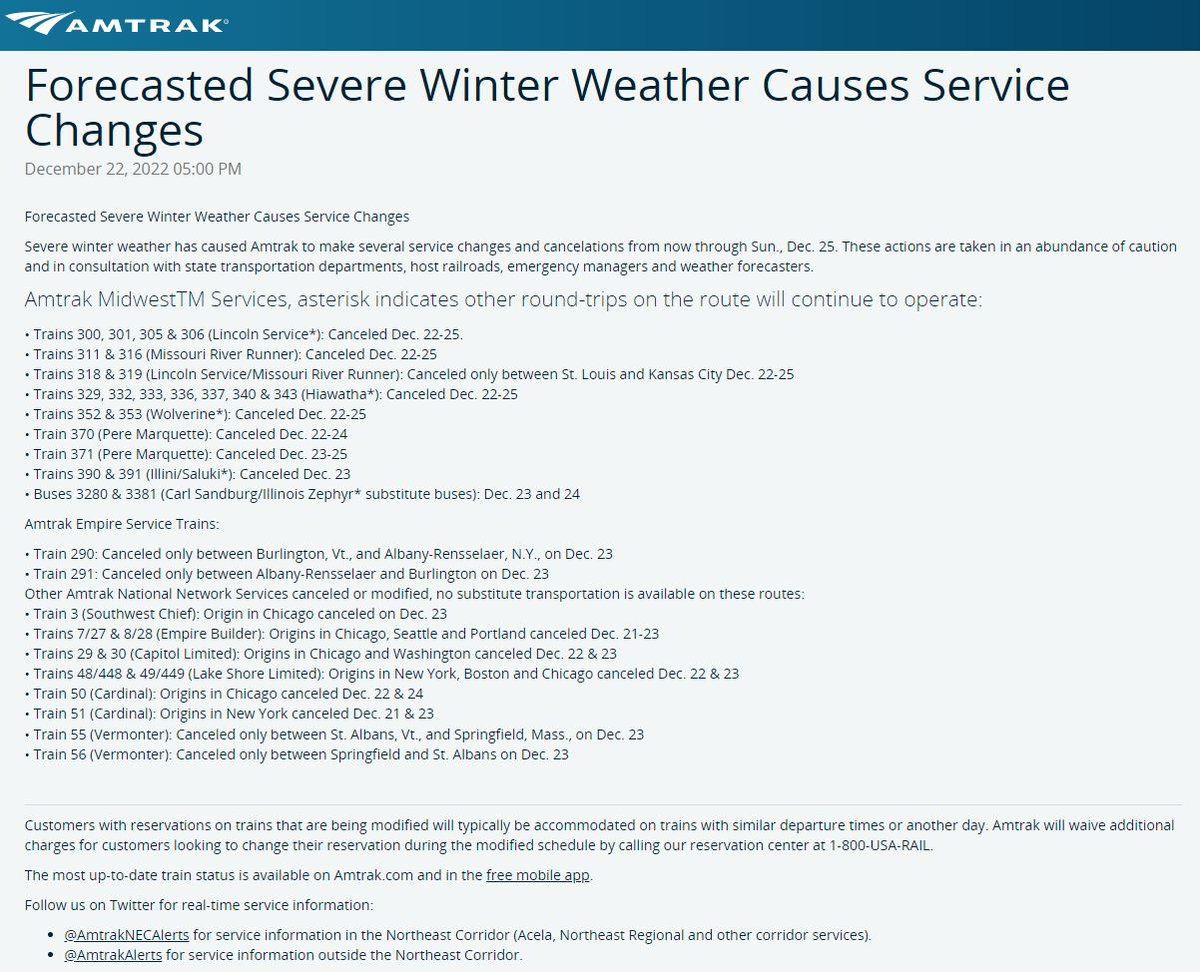 Amtrak Alerts On Twitter Forecasted Severe Winter Weather Causes
