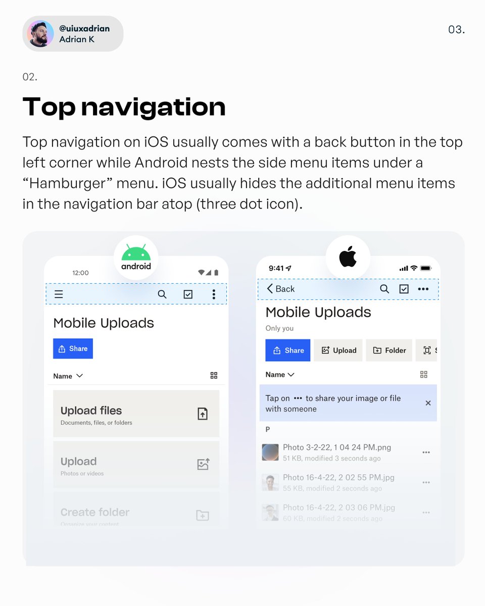 Android vs iOS design - key differences 👇 - Thread from UI Adrian @uiuxadrian - Rattibha