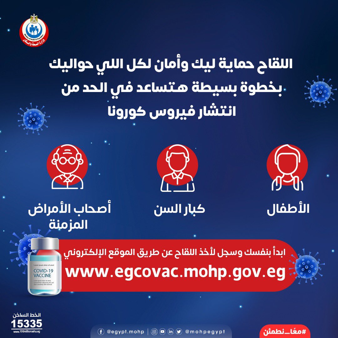 وزارة الصحة والسكان المصرية on Twitter: "لقاح #فيروس_كورونا حماية ليك وأمان لكل اللي حواليك ...