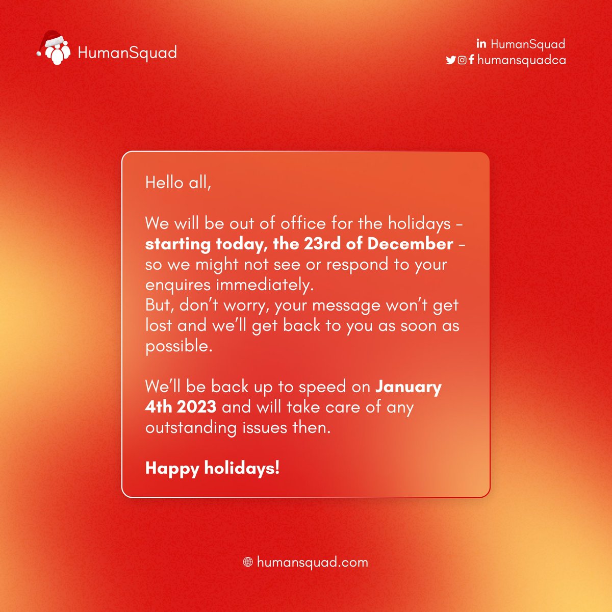 HumanSquad on Twitter: "The HumanSquad team is off for the holidays! See you on the 4th of ...