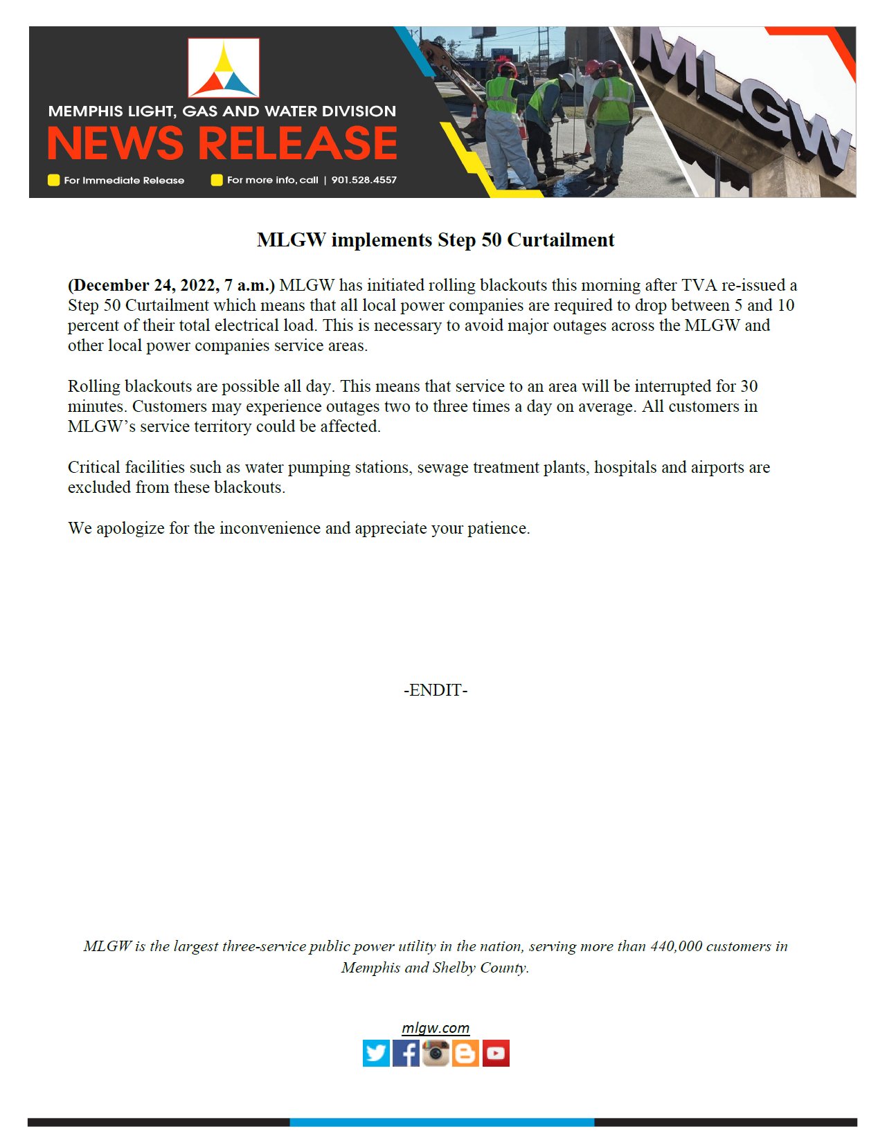 MLGW on Twitter: "#MLGW has initiated rolling blackouts this morning after TVA re-issued a Step ...