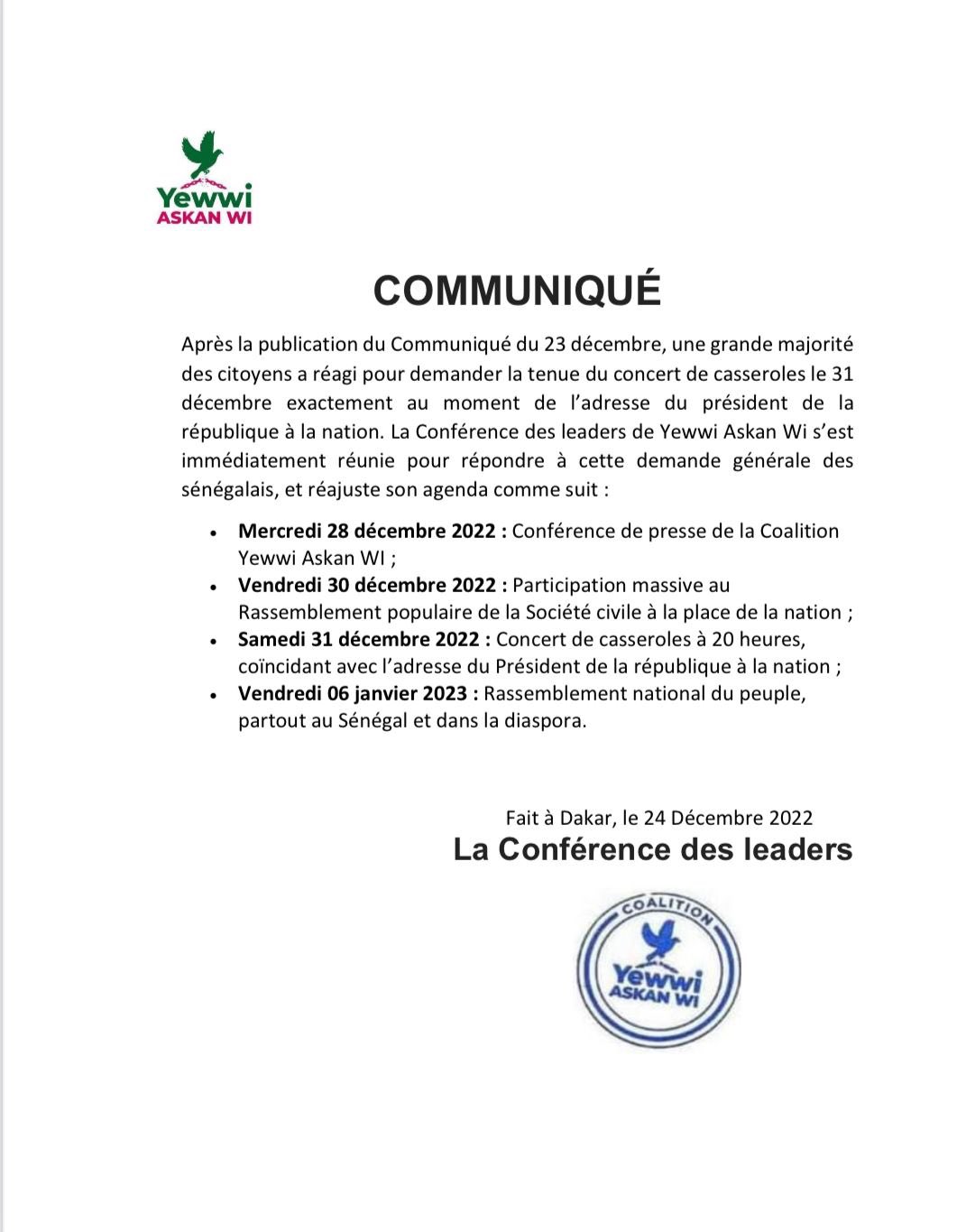 Yewwi Askan Wi On Twitter Communiqué Suite à La Publication Du