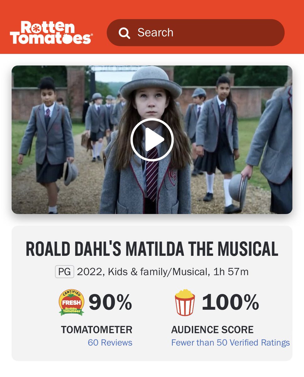 DiscussingFilm on Twitter: "‘MATILDA THE MUSICAL’ has 90% on Rotten Tomatoes from 60 reviews ...