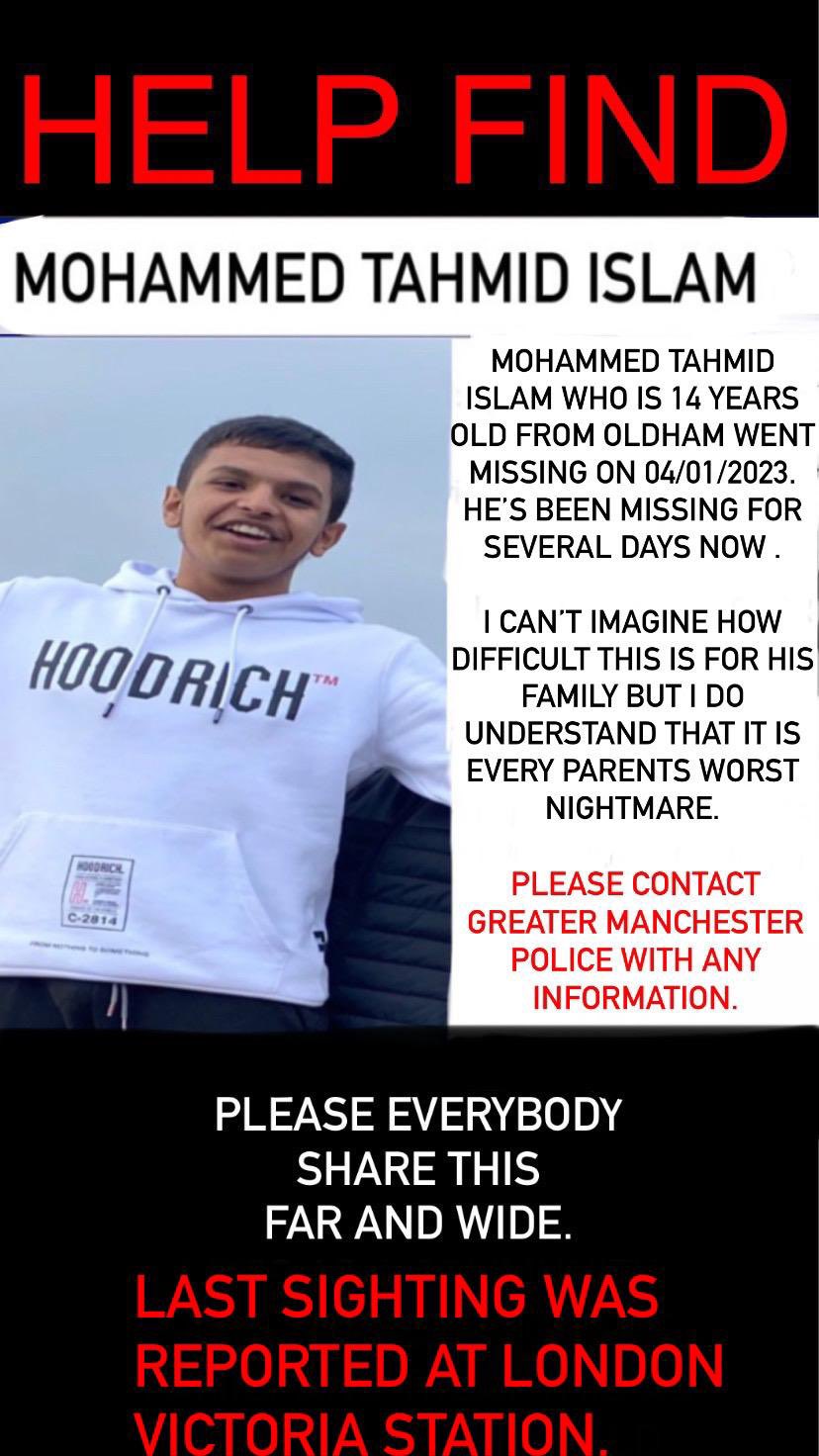 smile2jannah on Twitter: "MOHAMMED TAHMID ISLAM WHO IS 14 YEARS OLD FROM OLDHAM WENT MISSING ON ...