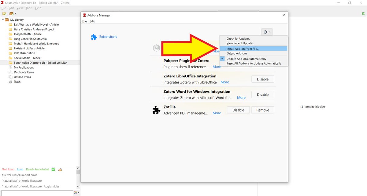 Mushtaq Bilal, PhD on Twitter: "Zotero will open its "Add-ons Manager." Click on the Settings ...